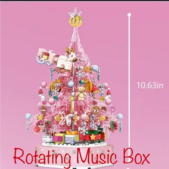 Holiday | Pink Rotating Light Up Christmas Tree Music Box Building Set ...